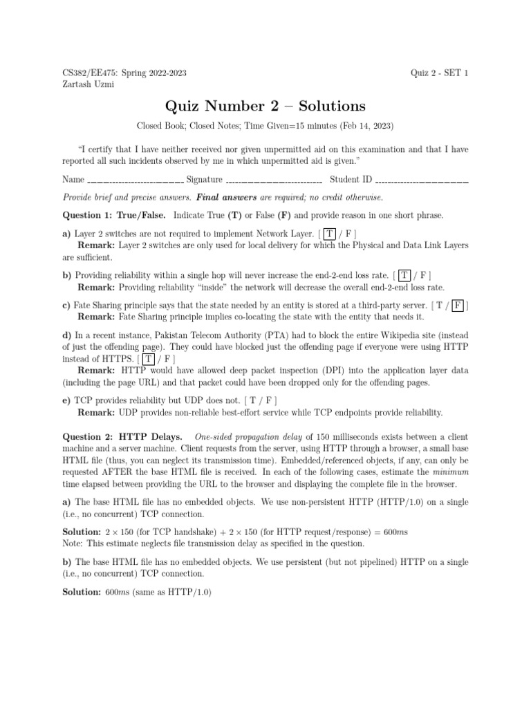 Quiz 2 Solution | PDF | Transmission Control Protocol | Osi Model