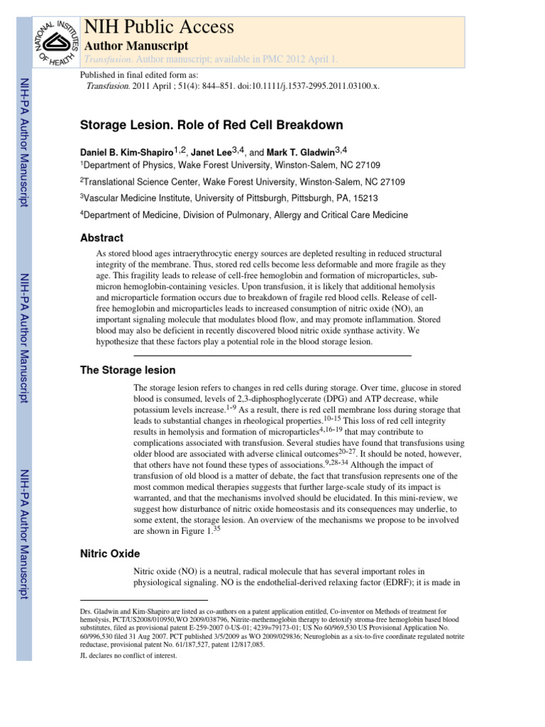 Kim Shapiro. 2011. Storage Lesion and Role of RBC Breakdown | PDF | Red ...