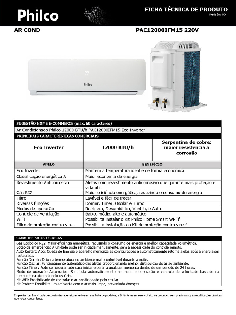ficha técnica ar condicionado PAC12000IFM15 | Download grátis PDF | Ar condicionado | Natureza