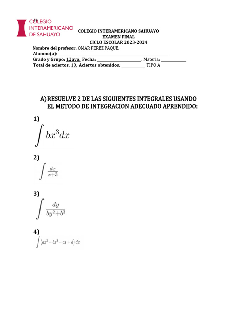 Examen Final Calculo | PDF | Integral | Matemáticas