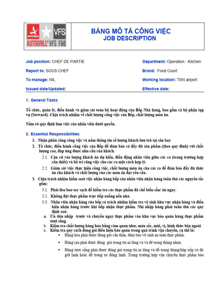 Form 2 - Job description Chef de Partie | PDF