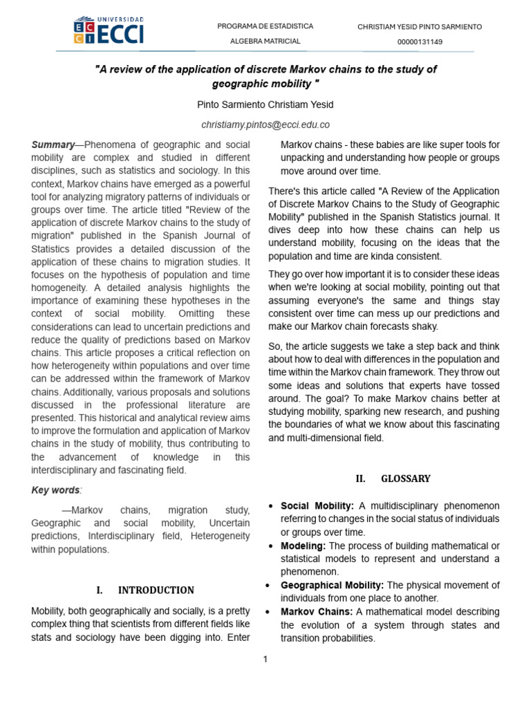 Markov Chains in Geographic Mobility Analysis | PDF | Markov Chain ...
