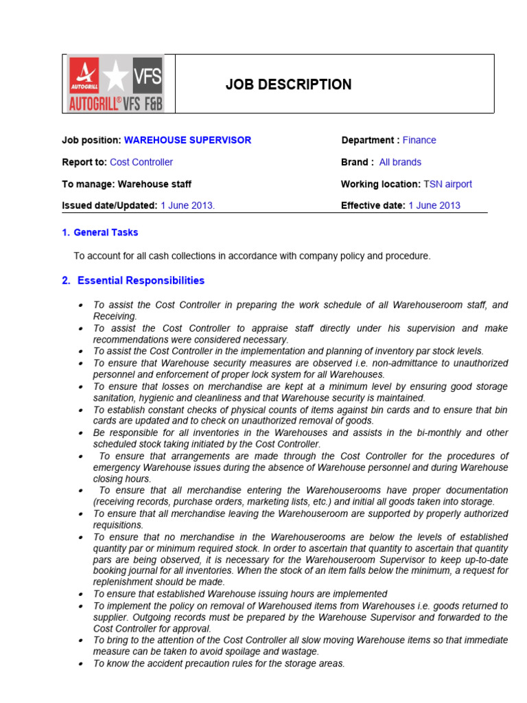 JD - Warehouse Supervisor | PDF | Warehouse | Inventory