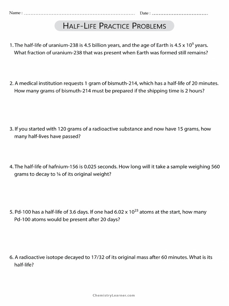 Half Life Problems Worksheet | PDF