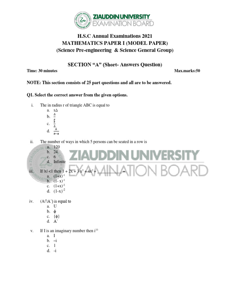 Mathematics model paper XI | PDF | Mathematics | Elementary Geometry