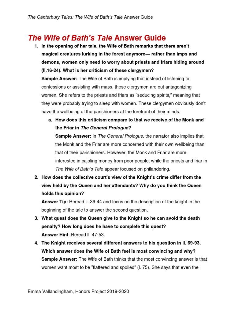 Honors Project TCT The Wife of Bath's Tale Answer Guide | PDF ...