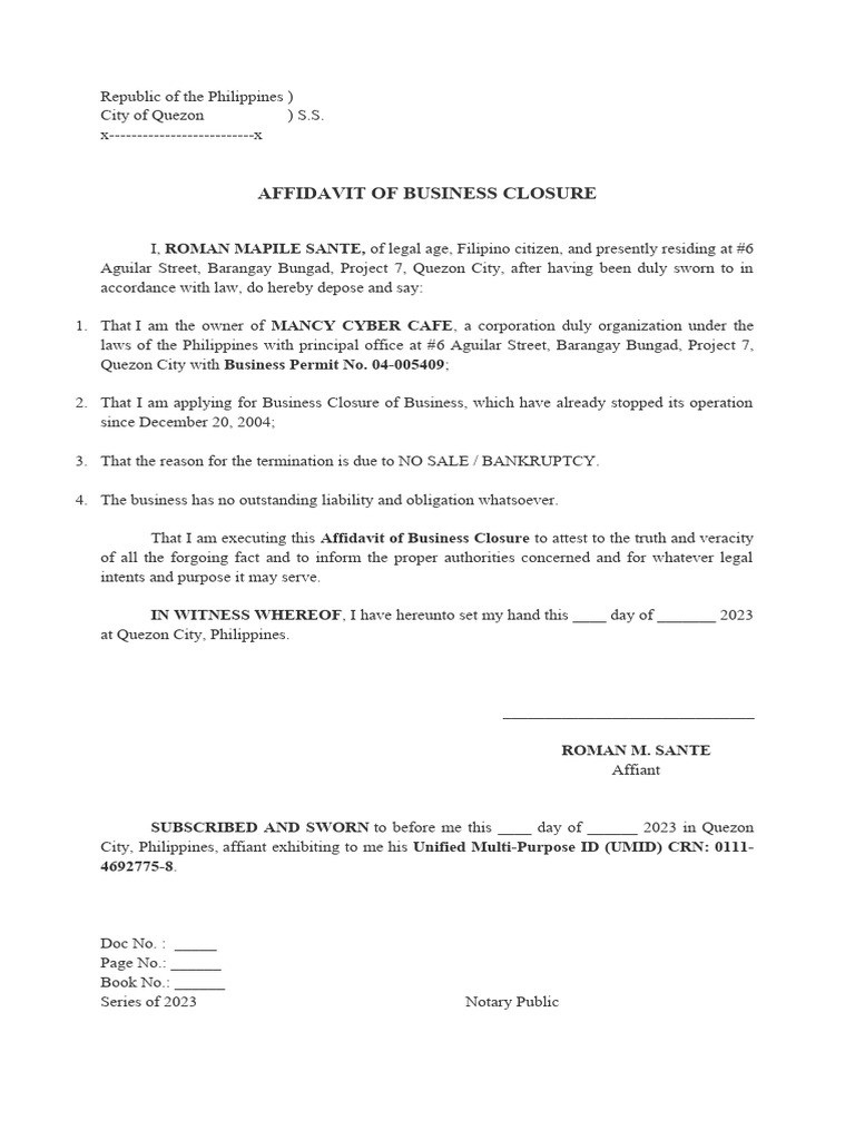 Affidavit of Business Closure | PDF | Affidavit | Government