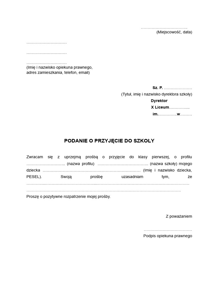 Wzór Podania o Zmianę Szkoły | PDF