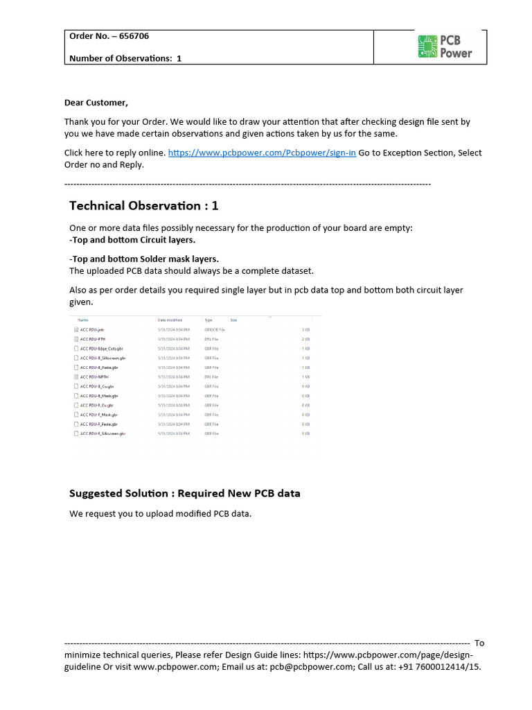 Technical Observation: 1: Order No. - 656706 Number of Observations: 1 ...