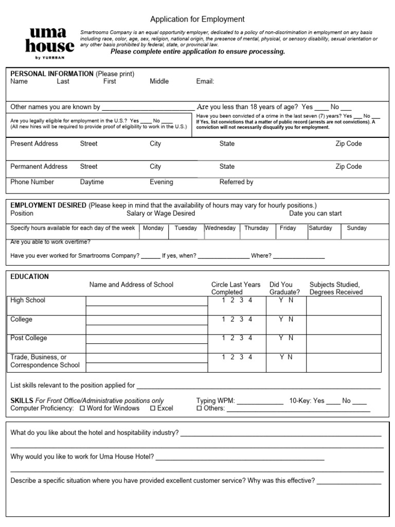 Smart Rooms - APPLICATION FOR EMPLOYMENT | PDF | Employment | Justice
