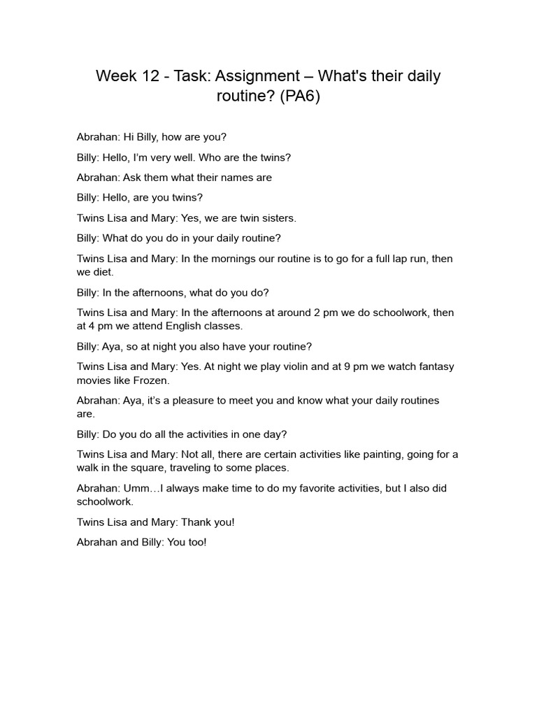 Week 12 - Task Assignment - What's Their Daily Routine (PA6) | PDF ...