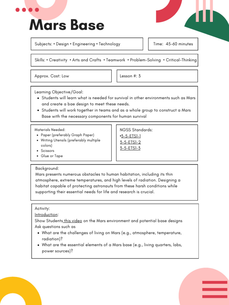 Design a Mars Base Lesson Plan | PDF | Critical Thinking | Design