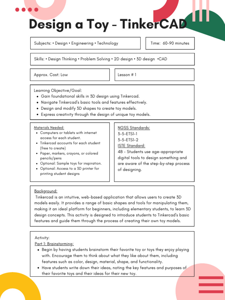 Design A Toy in TinkerCAD Lesson Plan | PDF | 3 D Computer Graphics | Toys