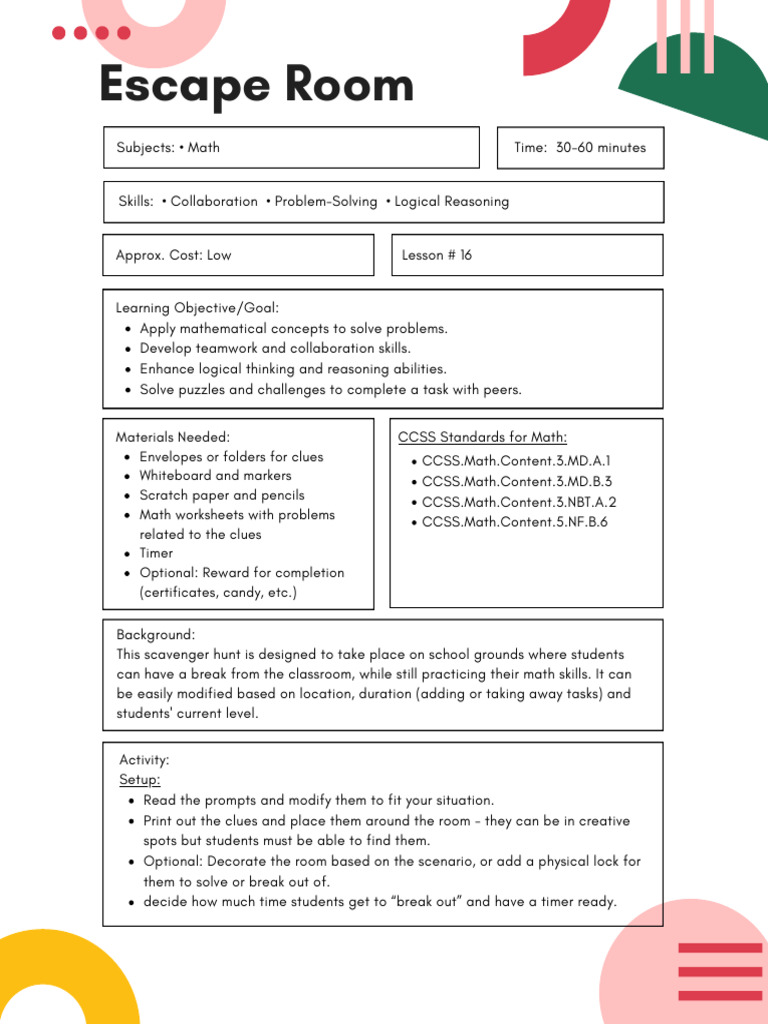 Math Escape Room Lesson Plan | PDF | Mathematics | Cognition
