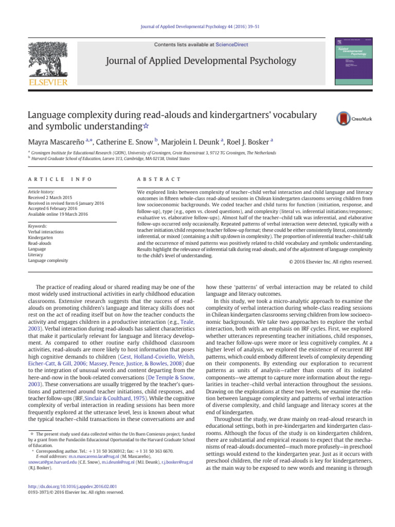 Language Complexity During Read-Alouds and Kindergartners' Vocabulary ...