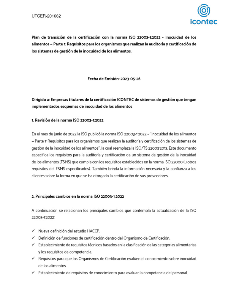INCOTEC - Plan-de-transicion-de-la-certificacion-con-la-norma-ISO-22003-1-2022.-1 | PDF ...