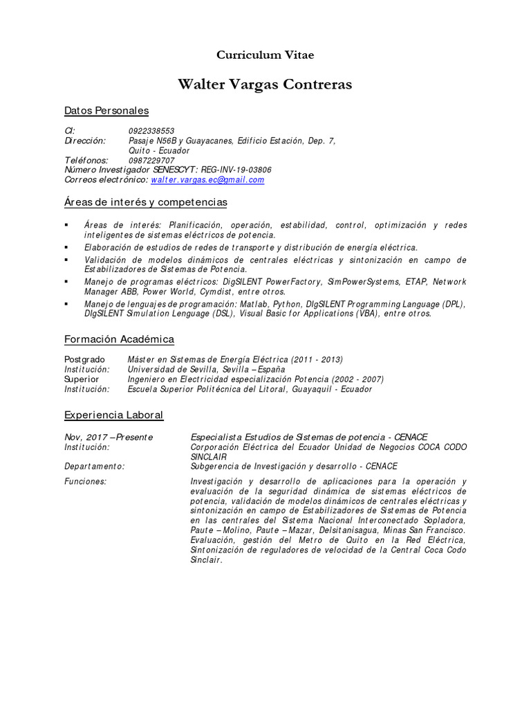 CV Walter Vargas | PDF | Ingenieria Eléctrica | Ecuador