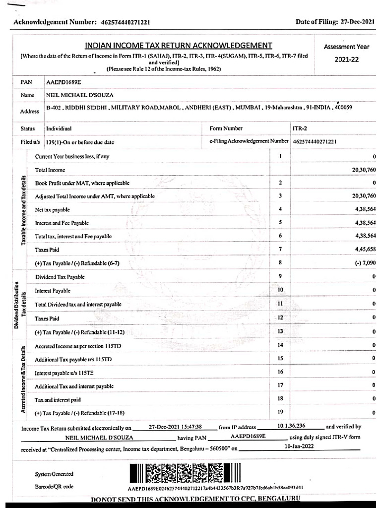 Neil ITR and Computation For 2021 and 2022 | PDF