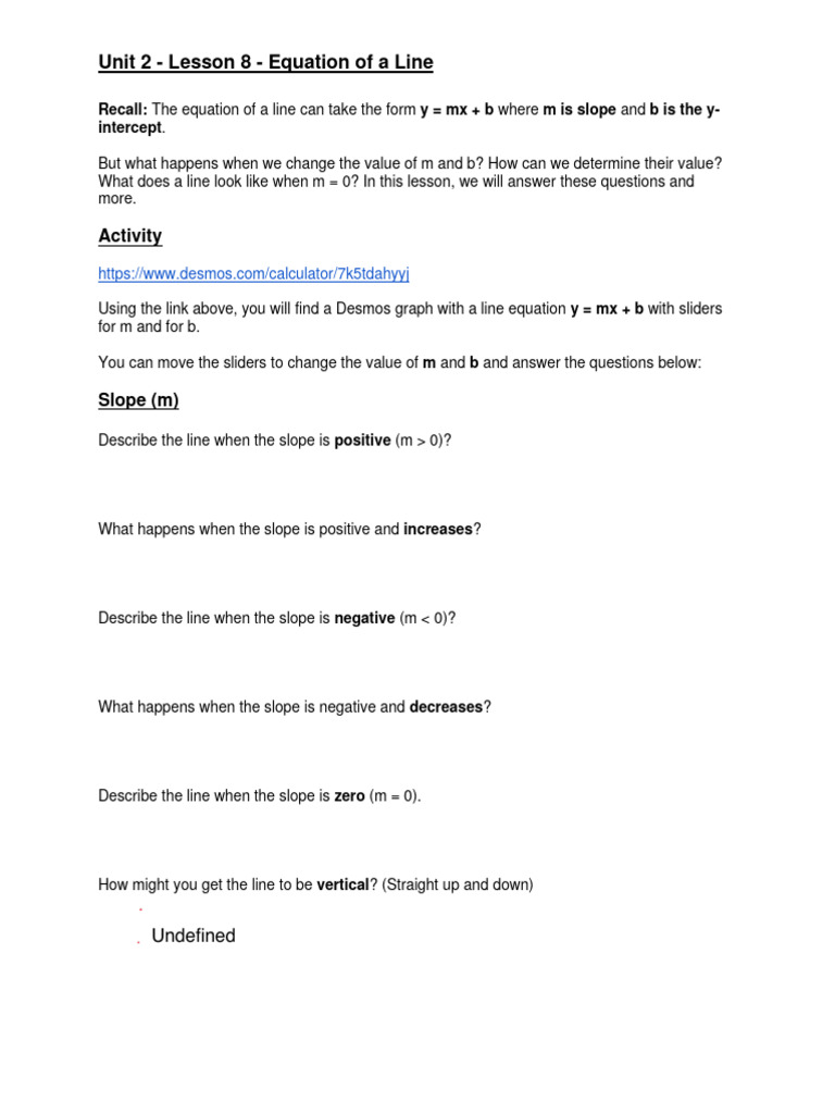 Lesson 8 - Equation of A Line | PDF | Slope | Mathematics