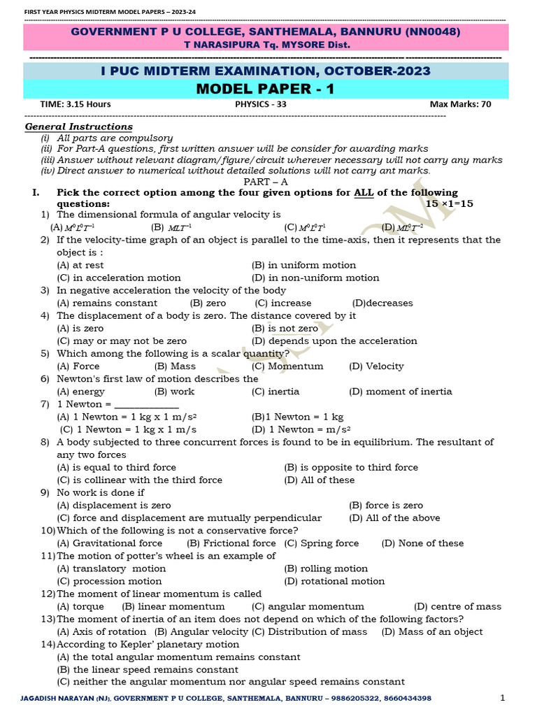 FIRST YEAR MIDTERM MODEL PAPERS-2023-24 | Download Free PDF | Force | Angular Momentum