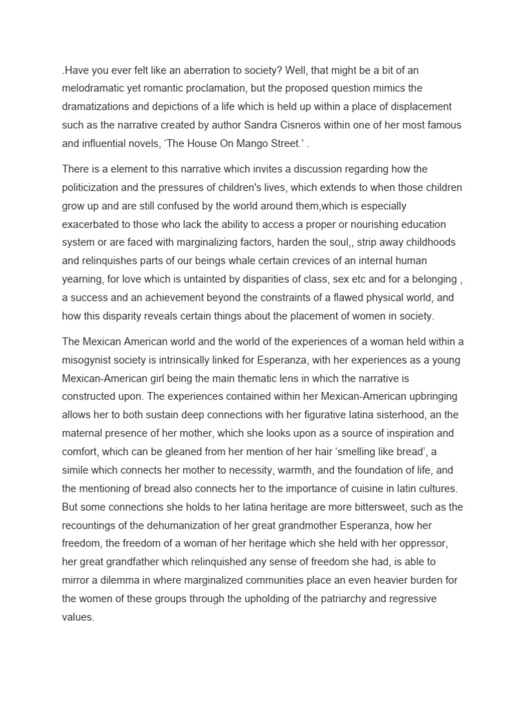 HOUSE ON MANGO STREET Essay | PDF