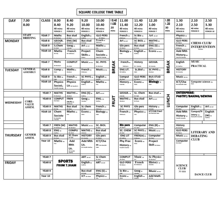 Timetable - 2nd Half - Summer 2024 | PDF