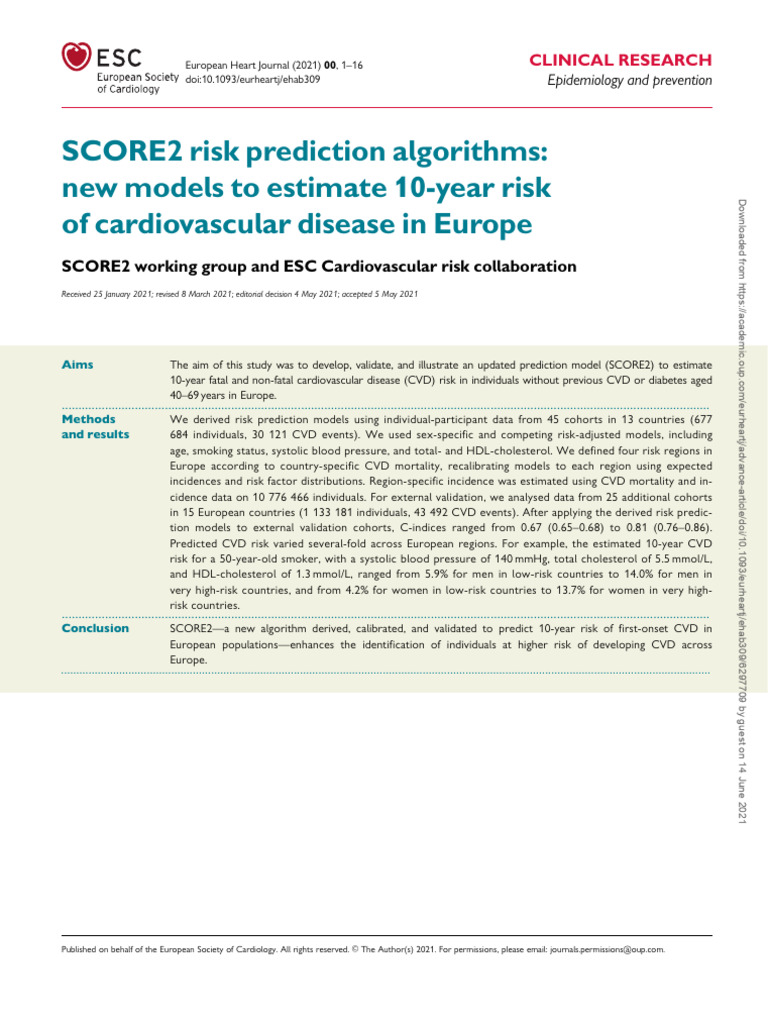 2021 Esc Score2 Ehj | PDF | Cardiovascular Diseases | Cohort Study