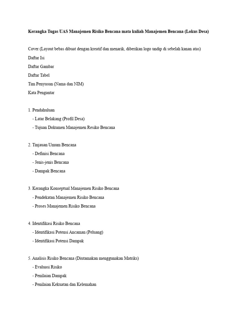 Kerangka Tugas UAS Manajemen Risiko Bencana Mata Kuliah Manajemen Bencana | PDF | Komputer