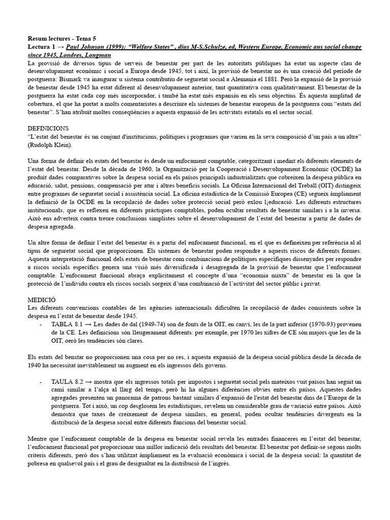 Resum Lectures - Tema 5 Historia Economica | PDF