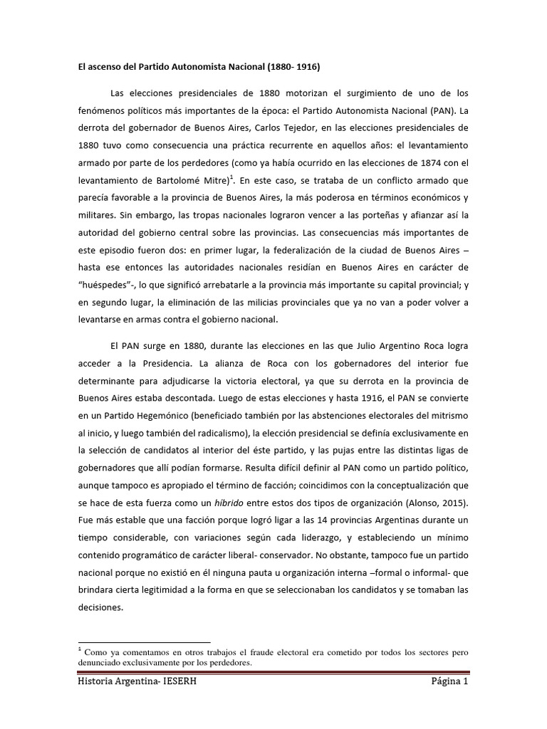 El Ascenso Del Partido Autonomista Nacional | PDF | Gobierno | Argentina