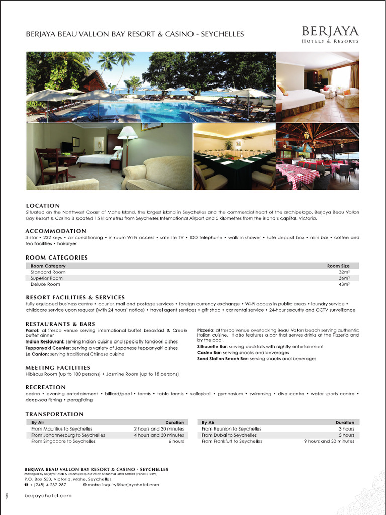 Berjaya Beau Vallon Bay Resort & Casino - Factsheet Updated May 2024 | PDF