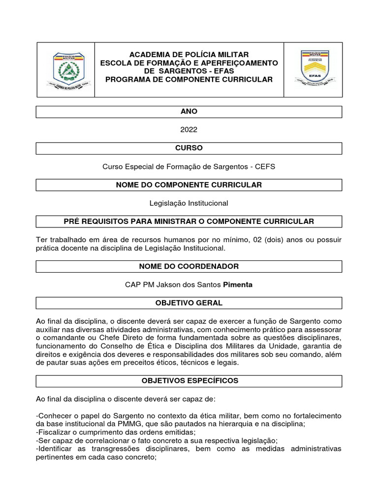 Programa de Componente Curricular CEFS 2022 | PDF | Polícia militar | Polícia