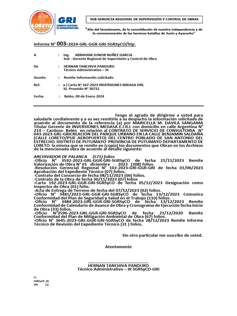 INFORME N°003-2024-GRL-GRI-SGSyC-htp-PARQUE URBANO BENJAMIN SALDAÑA | PDF