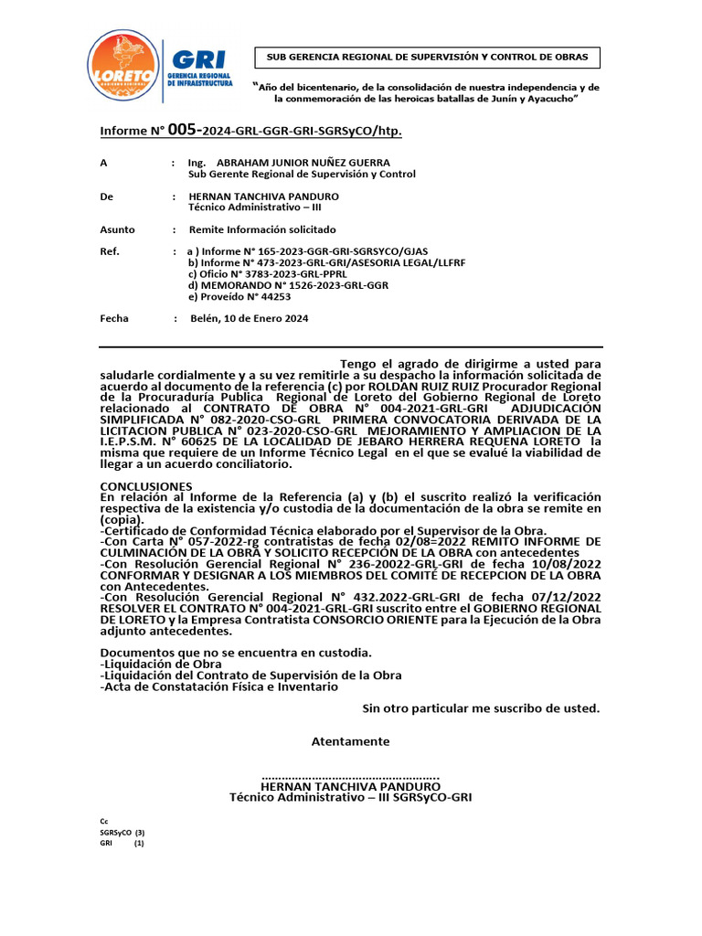 INFORME N°005-2024-GRL-GRI-SGSyC-htp-JENARO HERRERA | PDF