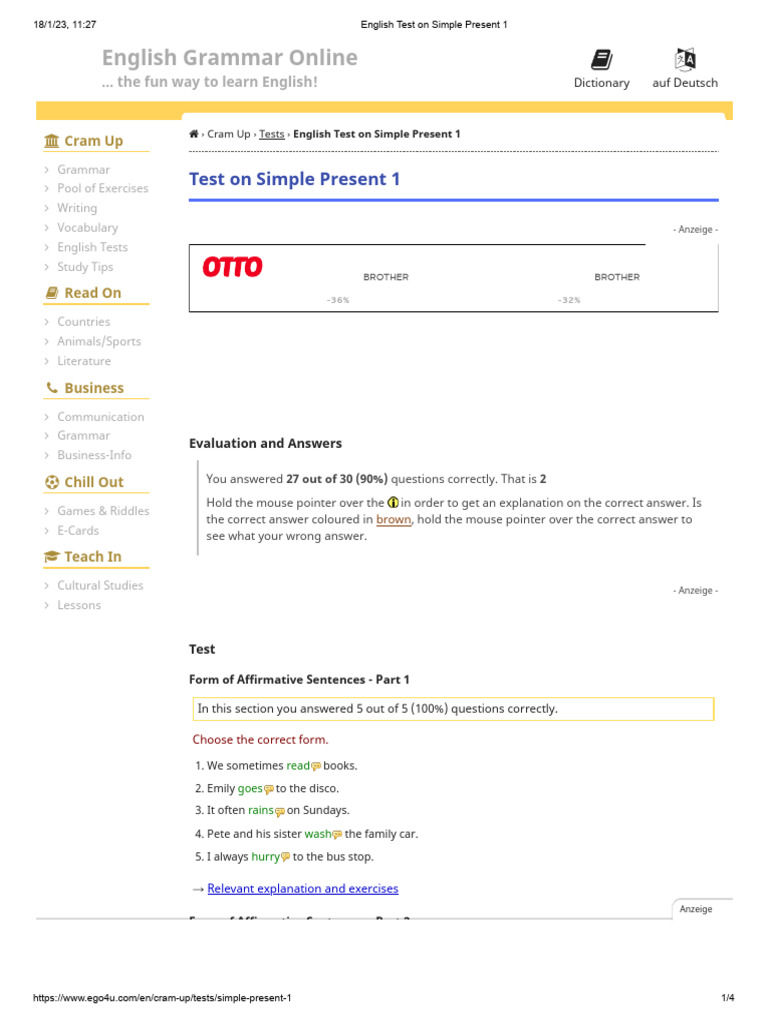 English Test On Simple Present 1 | PDF | English Language | Grammar