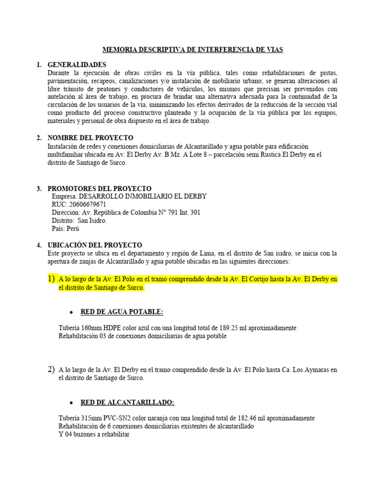 Memoria de Interferencia Cosapi Derby | PDF | Alcantarillado | Agua