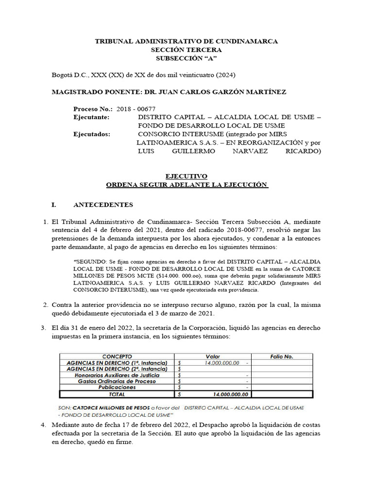 2018 - 00677 Ordena Seguir Adelante Con La Ejecución Ponente | PDF | Liquidación | Sentencia (ley)