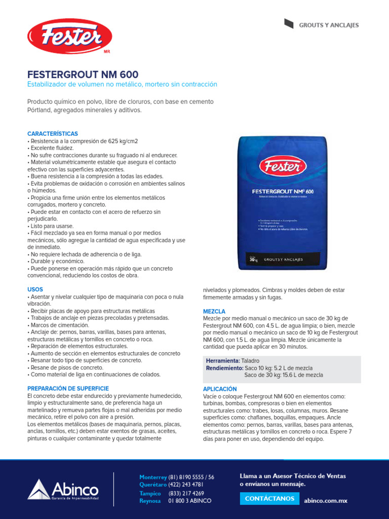 Ficha Festergroutnm600 | PDF | Hormigón | Naturaleza