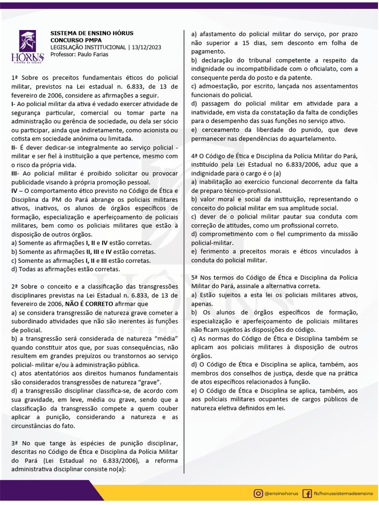 3º Lista de Exercicios CBMPA-2023 | PDF | Polícia | Polícia militar