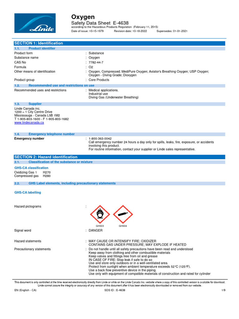 E 4638 Oxygen Compressed Safety Data Sheet Sds | PDF | Firefighting ...