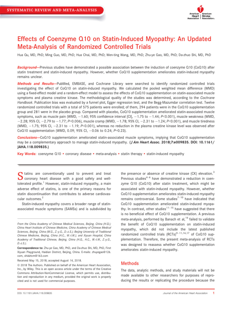 Effects of Coenzyme Q10 On Statin-Induced Myopathy: An Updated Meta ...
