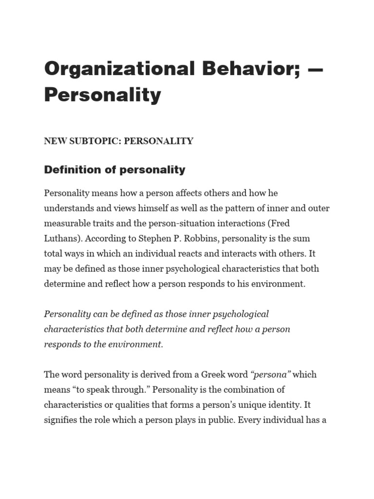 Organizational Behavior Personality, Perception | PDF | Id ...