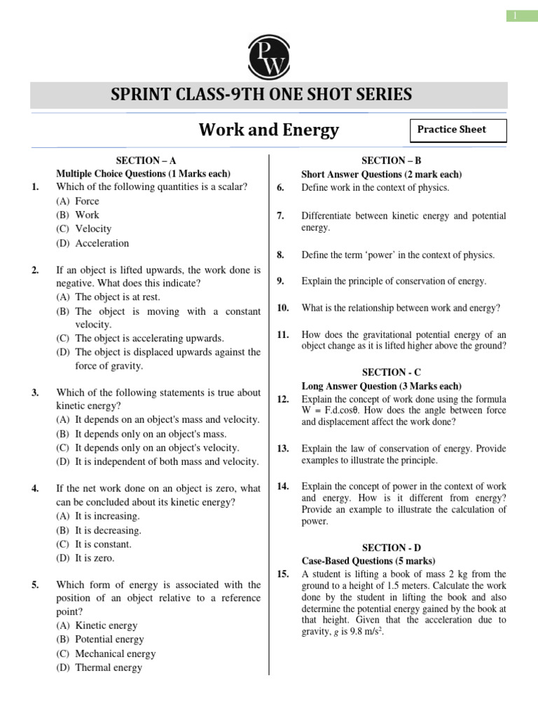 Work & Energy - Practice Sheet | PDF | Force | Velocity