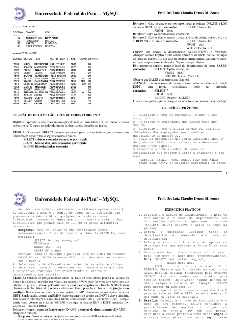 13.aula Laboratorio#2 MySQL Linguagem SQL Seleção Básica | PDF | Tabela ...