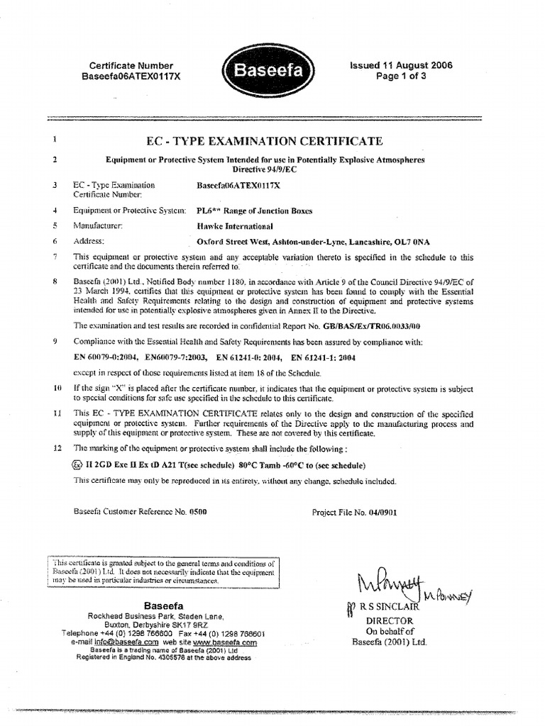 Baseefa 06 Atex 0117 X | PDF