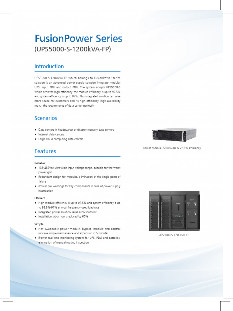 FusionPower Series UPS5000 S 1200kVA FP Datasheet For Print | PDF | Data Center | Power Supply