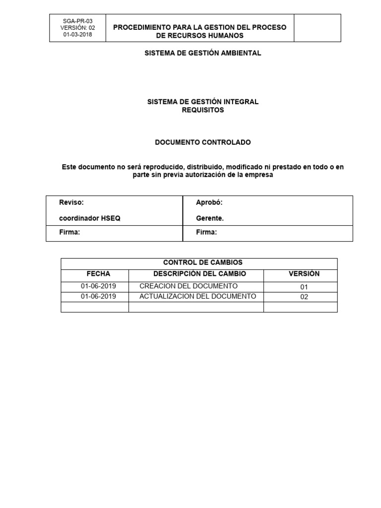 Sga-Pr-03 Procedimiento para La Gestion Recursos Humanos | PDF ...