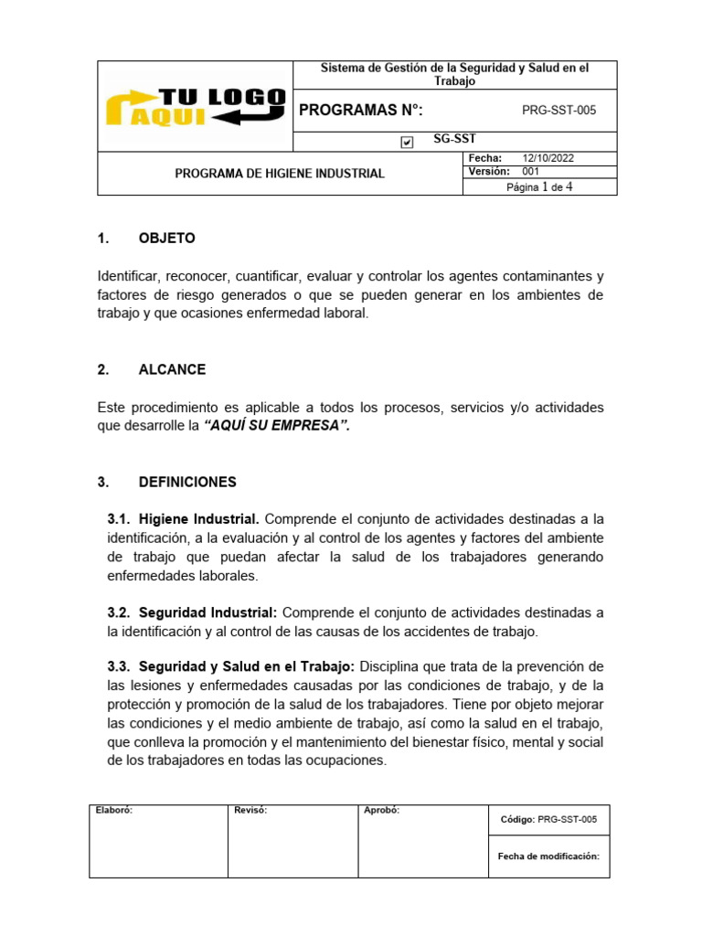 SST-001 Programa de Higiene Industrial-1 | PDF | Seguridad y salud ocupacional | Higiene Ocupacional