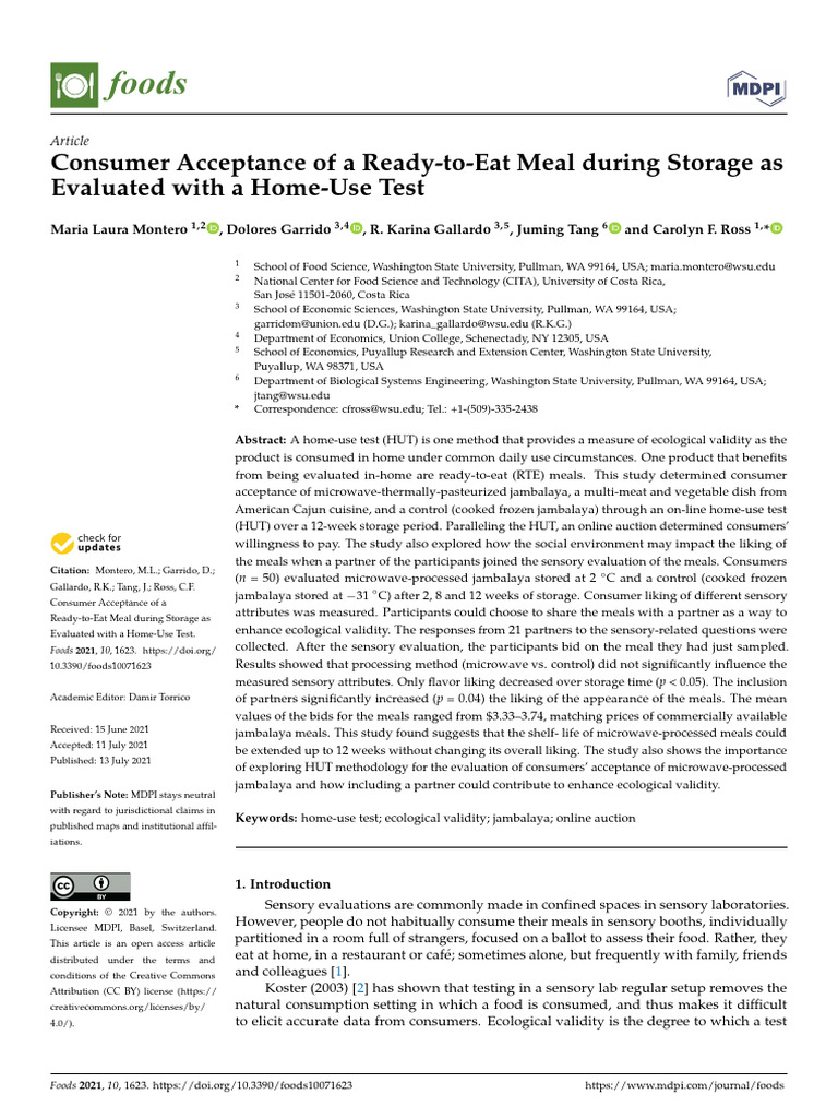 Consumer Acceptance of A Ready-to-Eat Meal During Storage As Evaluated ...
