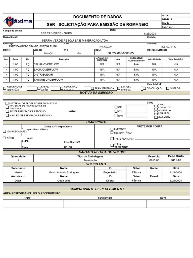 Romaneio-01-Cj Calha-Tq-24 - 06 - 2024 | PDF